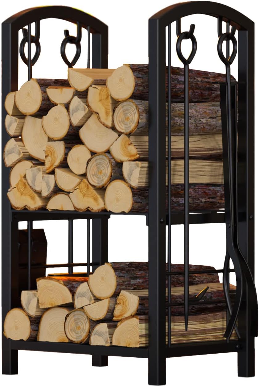 Amazon.com: Mr IRONSTONE Firewood Rack with Fireplace Tools Set ...