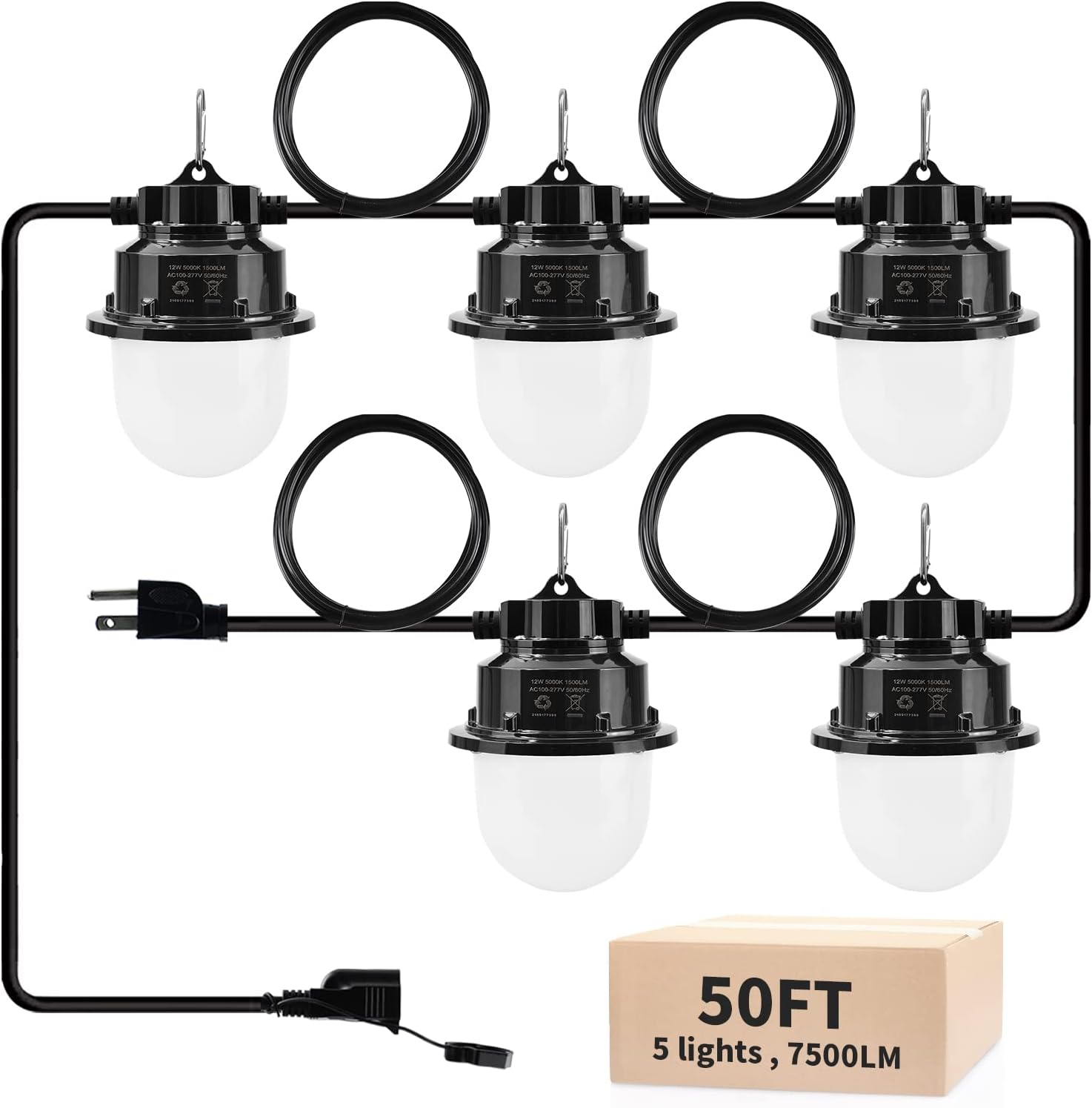 LONLIKE Construction String Lights, 50ft 60W 7500LM Outdoor Temporary ...