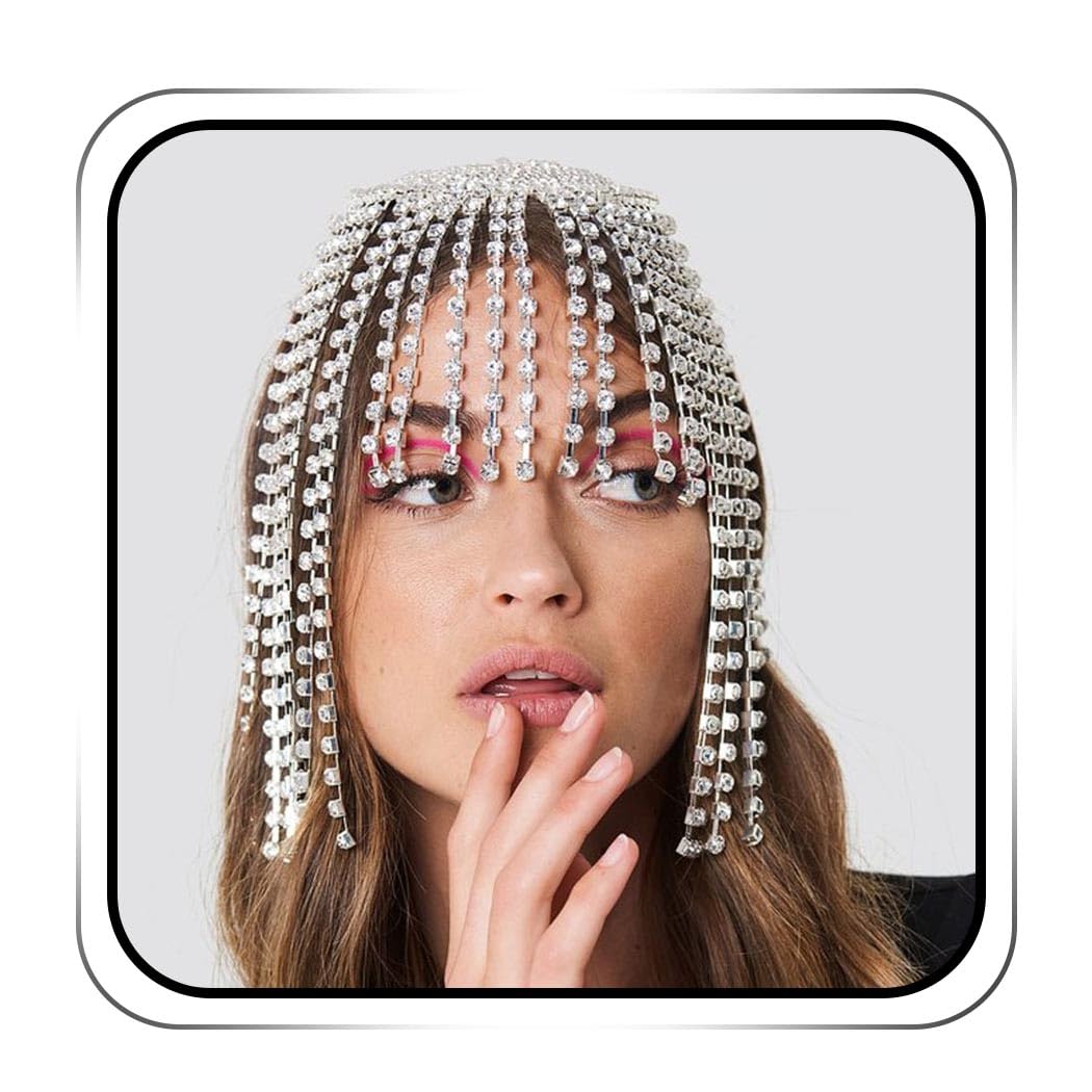 Earent Tassel Rhinestone Cap Headpiece Silver Crystal Head Chain ...