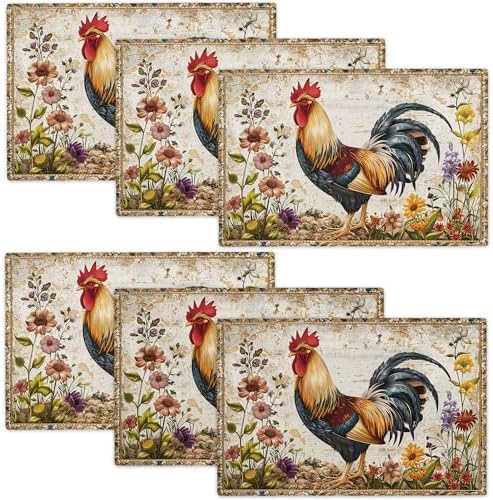 Amazon.com: Farmhouse Rooster Placemats Set of 6 Rustic Chicken ...