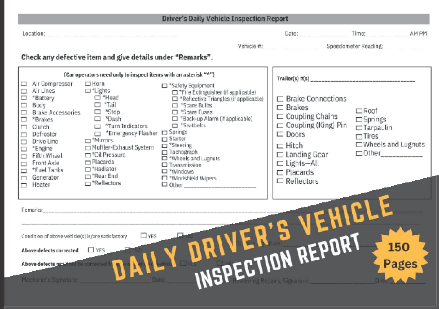 Daily Driver's Vehicle Inspection Report Log Book: Perfect Detailed ...