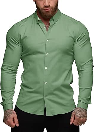 Csqopt Men's Long Sleeve Muscle Dress Shirts Slim Fit Stretch Casual Button Down Shirts at ...