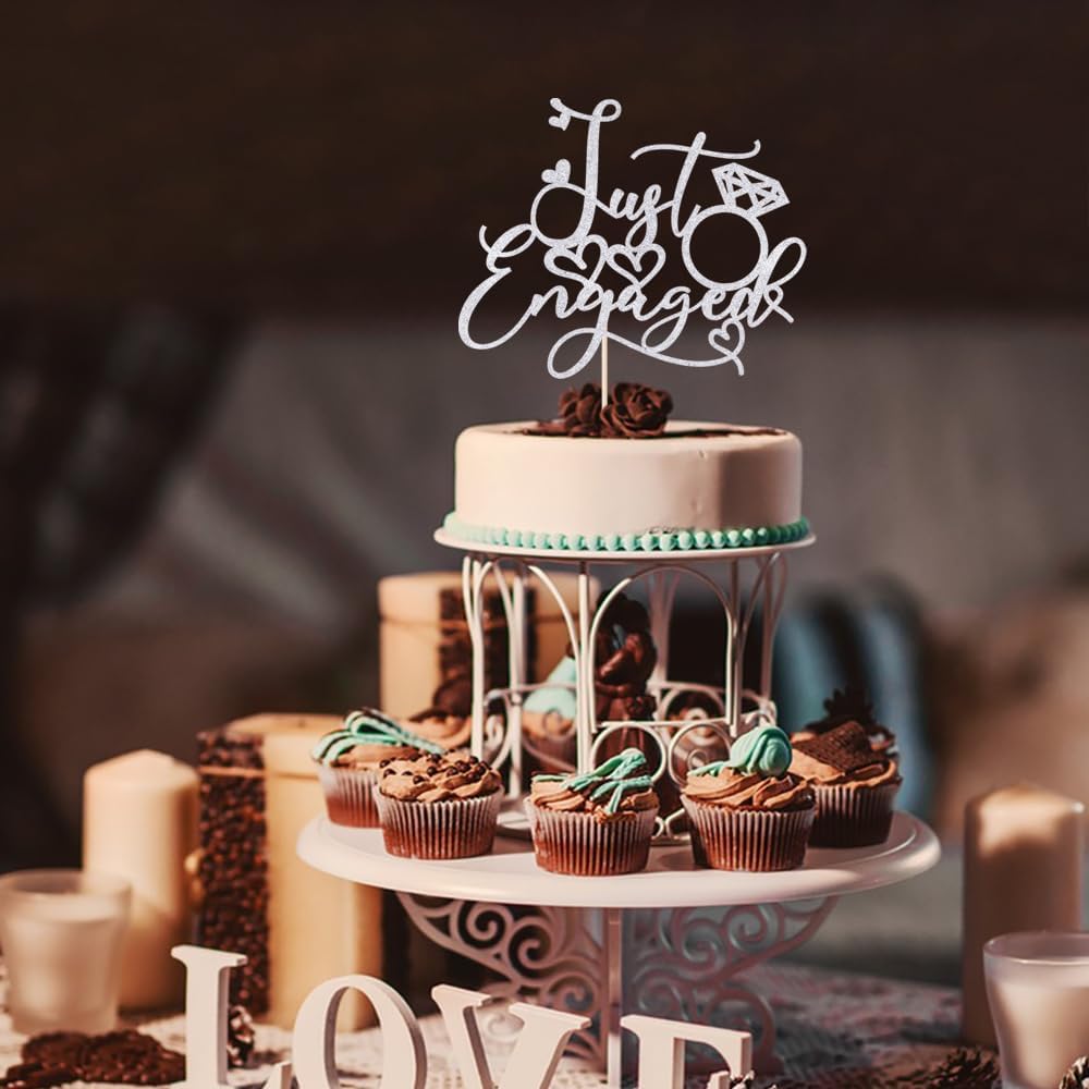 Amazon.com: Bekaterea Just Engaged Cake Topper,with Glitter Diamond ...