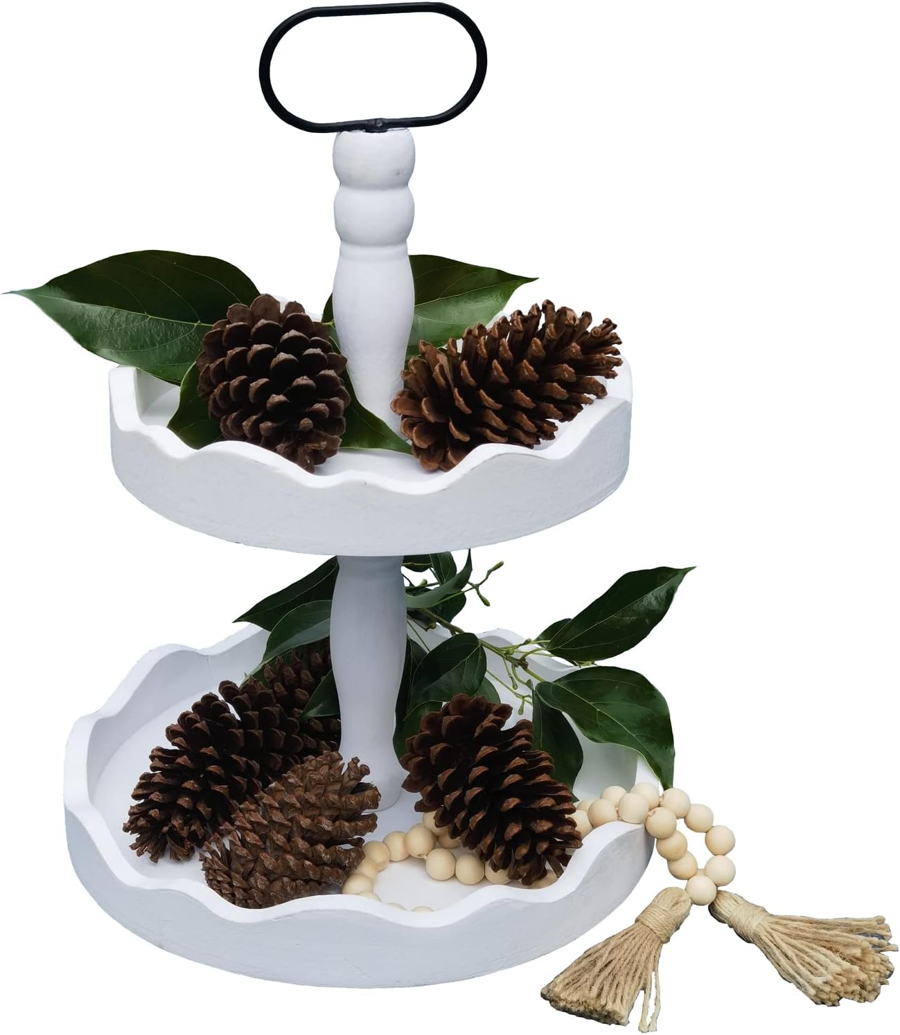 Amazon.com: White Wood Two-Tier Tray with Metal Handle, Rustic ...