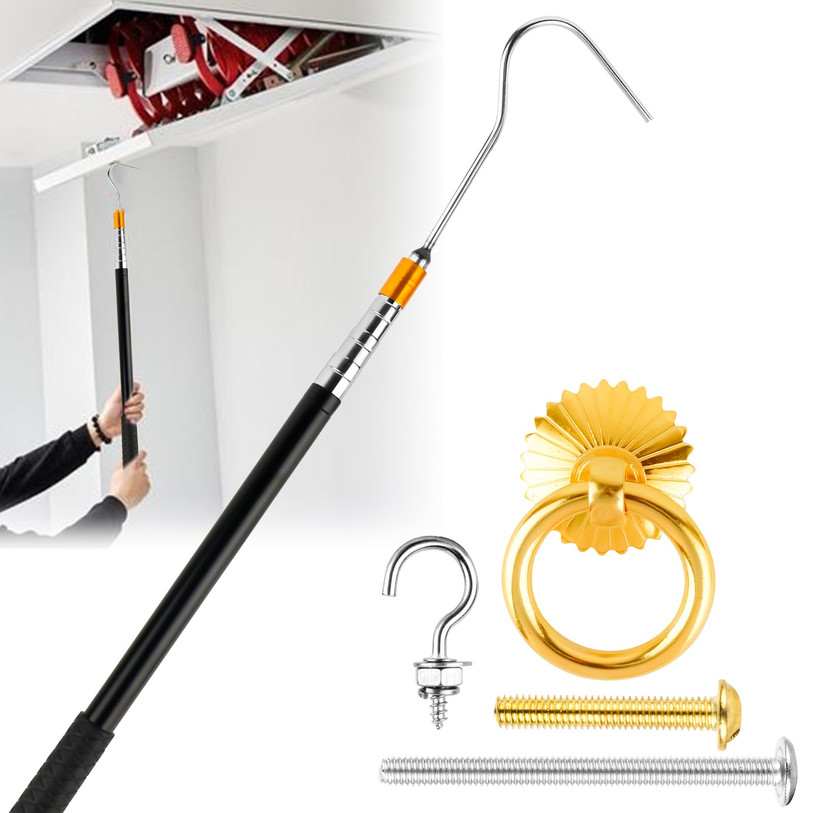 Attic ladder pulling system kit,with extension rods that can shrink ...