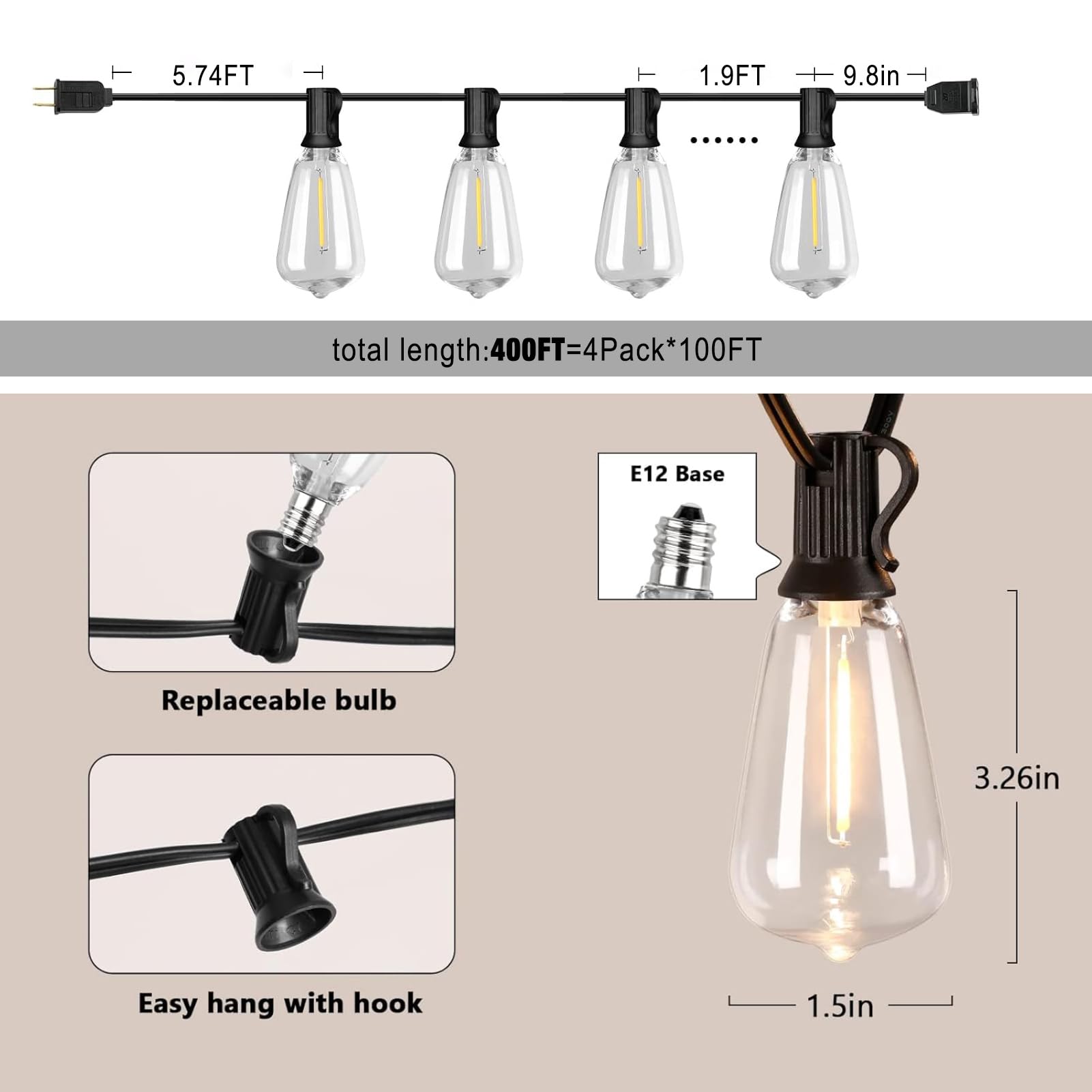 LED Outdoor Edison String Light 400FT Patio Lights with 200+8 Extral ...