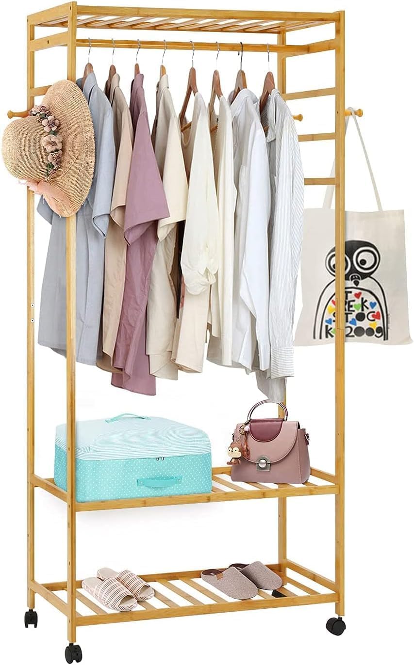 Youyijia Bamboo Clothes Rail With Shelves 2 Tiers Storage Shelf Garment ...