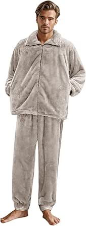 Vnihaq Mens Plush Zipper Pajama Set Warm Winter Fleece Sleepwear Soft ...