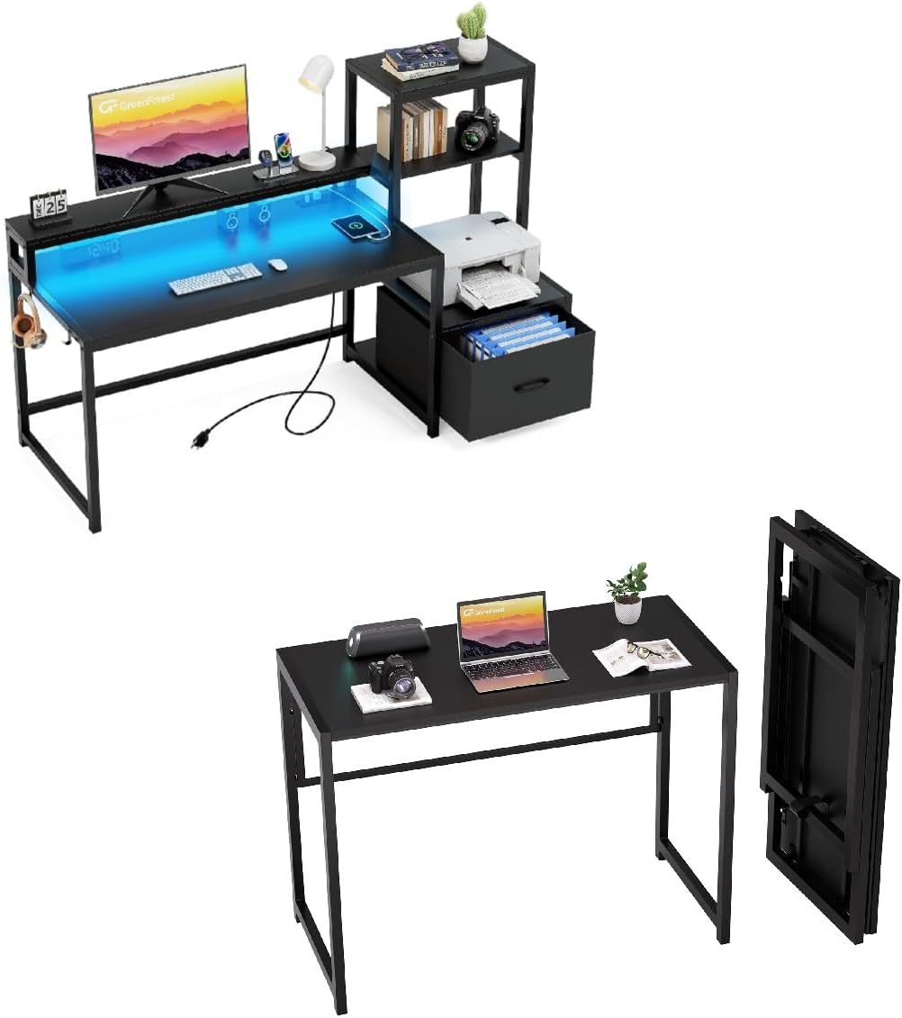 Amazon.com: GreenForest 59in Computer Desk with Led Lights and 35.4 ...