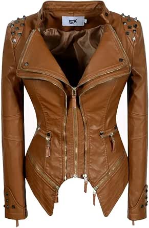 Women Smooth Motorcycle Faux PU Leather Jacket Long Sleeve Slim Biker ...