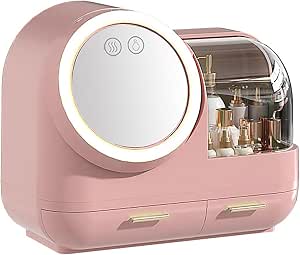 Makeup Organizer with Mirror and Fan, Large Capacity LED Light Mirror ...