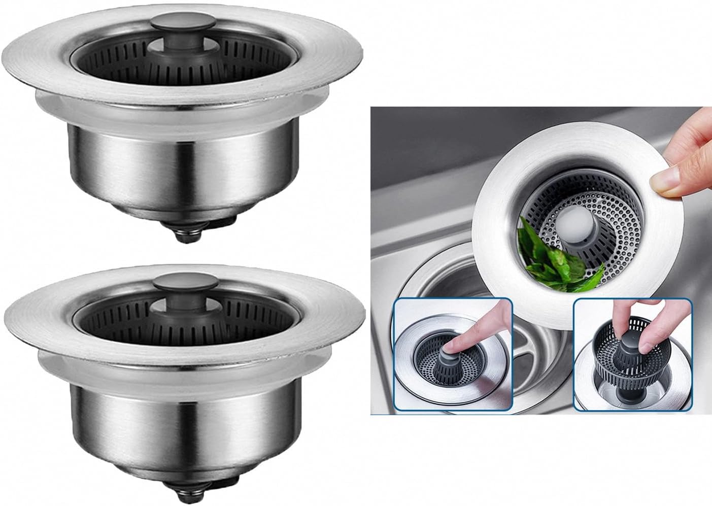 2PCS Kitchen Sink Drain Strainer,3 in 1 Stainless Steel Sink Aid,3-1/2 ...