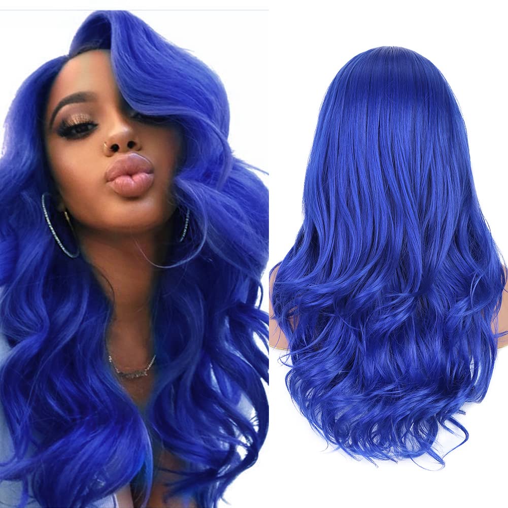Amazon.com : Fancy Hair Long Blue Wavy Wigs for Women Curly Middle Part ...