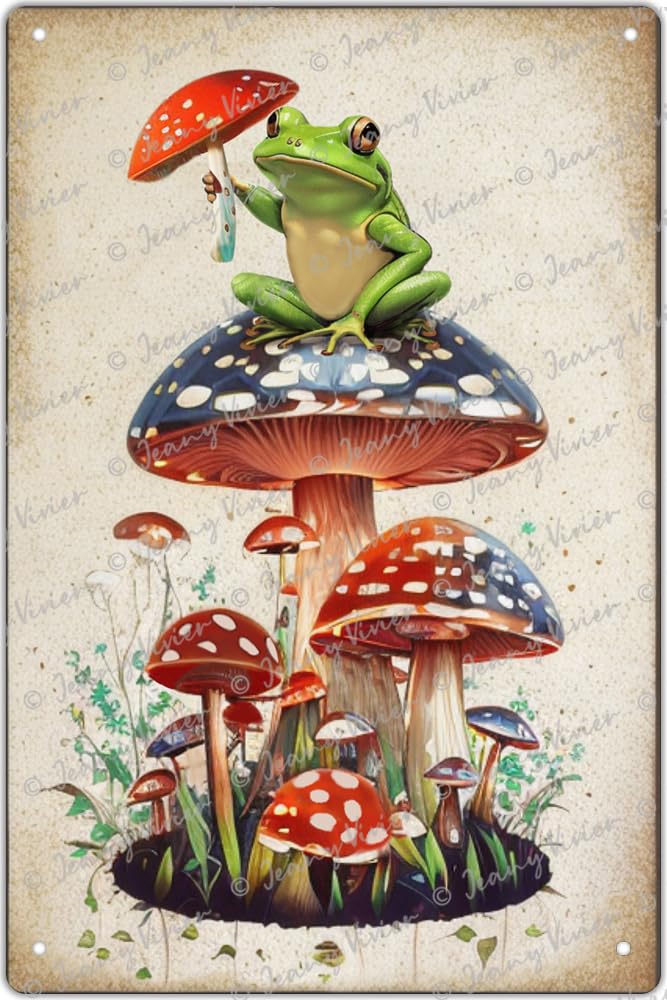 Amazon.com: Vintage Mushroom Tin Sign Funny Frog Mushroom Decor Rustic ...