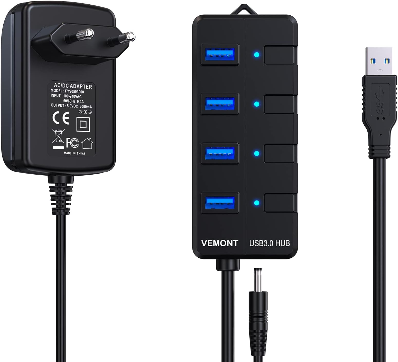 USB Hub mit Netzteil,VEMONT 4 Ports USB 3.0 Hub USB Verteiler Aktiv ...