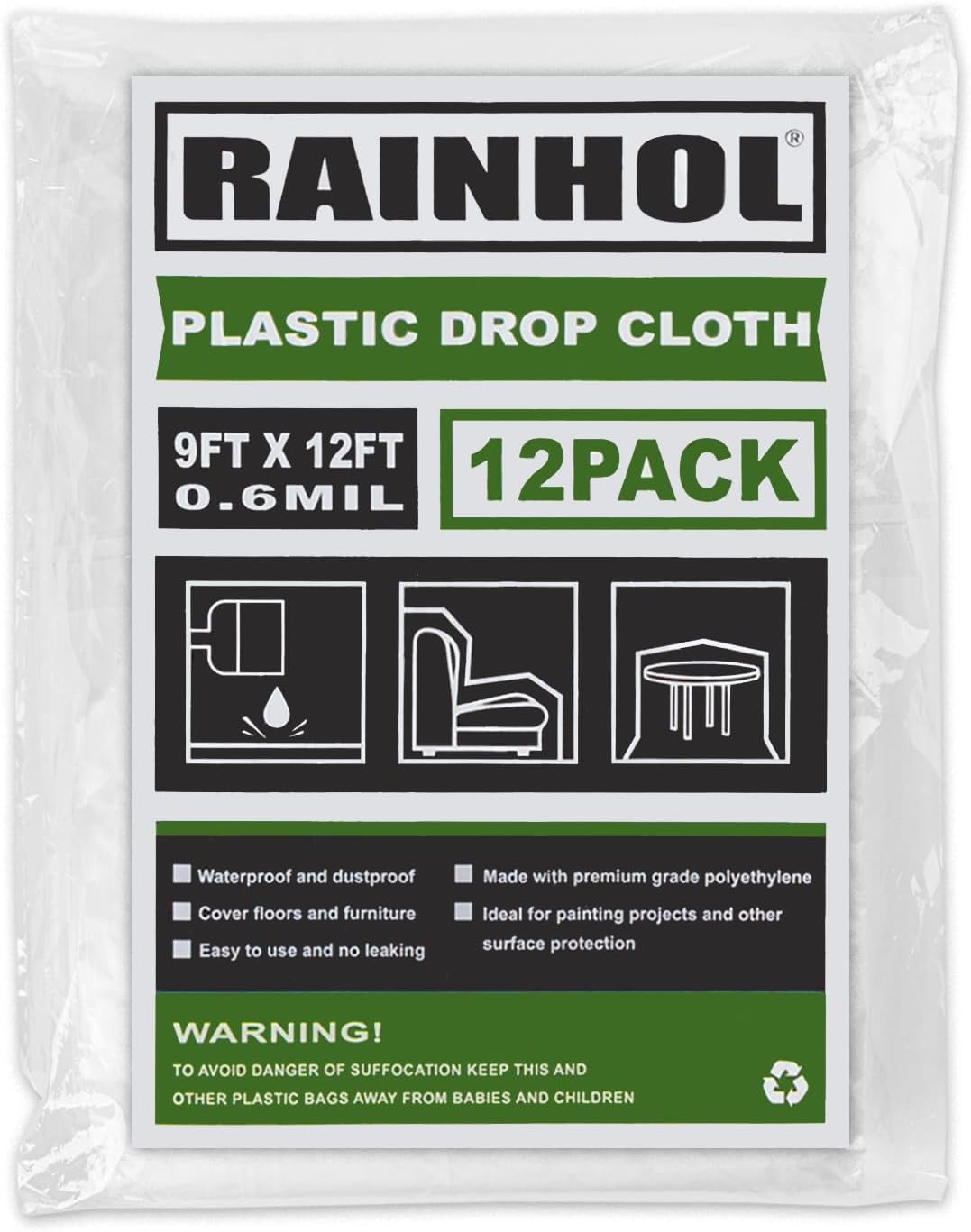 Amazon.com: 12 Pieces Plastic Drop Cloth 9x12 Ft - RAINHOL Clear ...