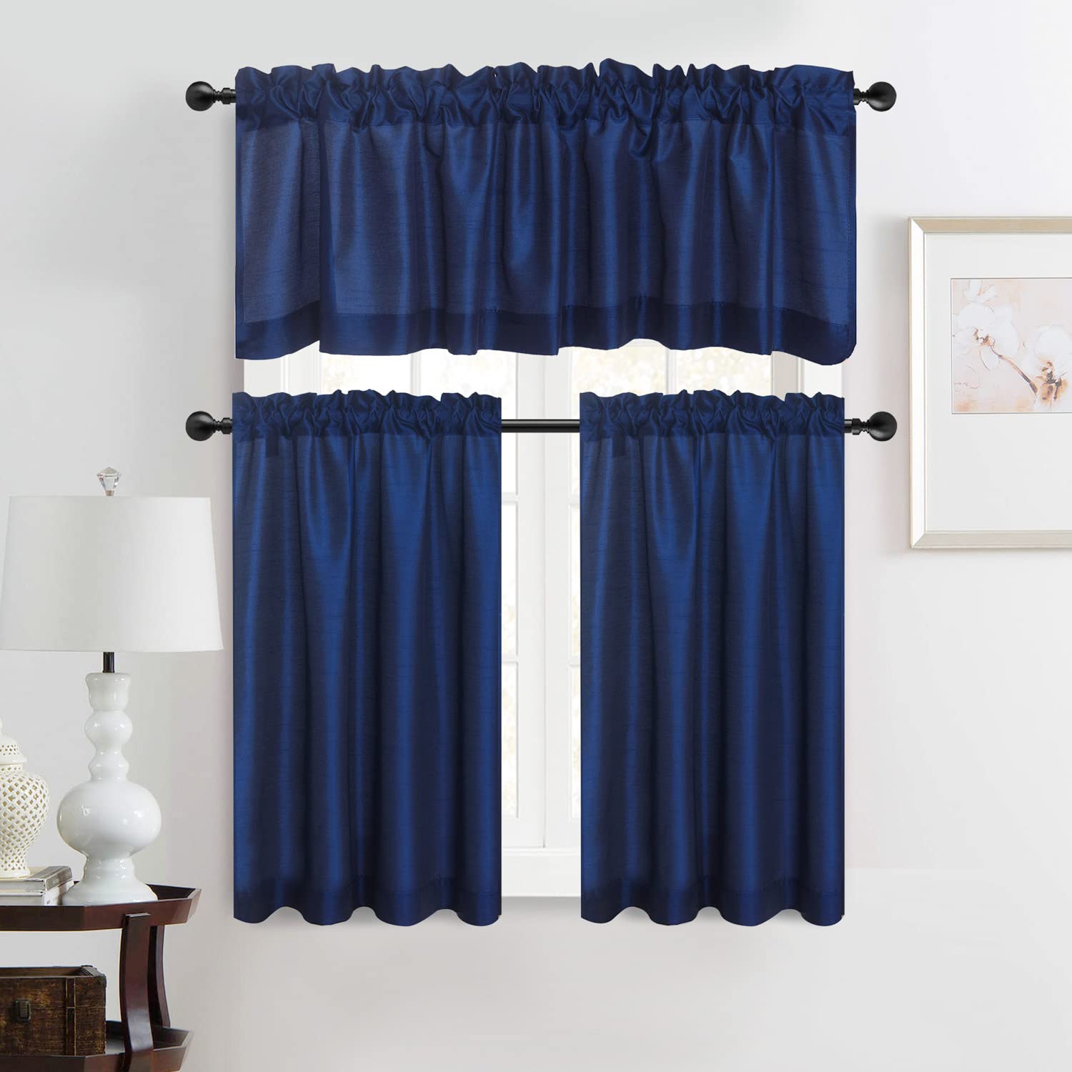 Amazon.com: Faux Silk Kitchen Curtain Valance Set 36 Inch long Tier ...