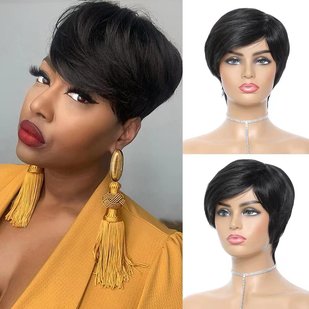 Yamzig Pixie Cut Wigs for Black Women Human Hair 6 Inch Black Short ...
