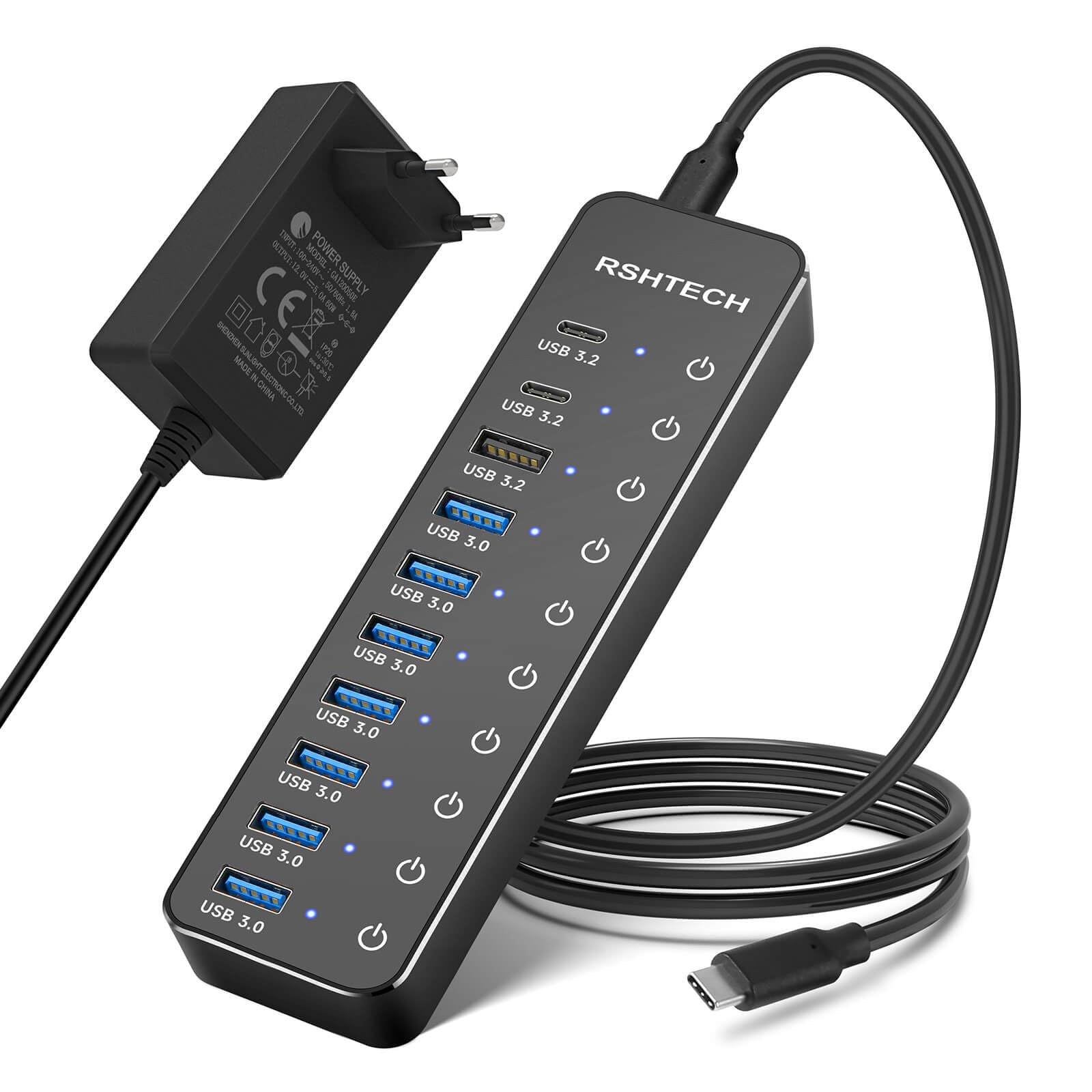 RSHTECH USB Hub 3.2 Aktiv mit Netzteil - USB Hub mit 3 10Gbps USB 3.2 ...