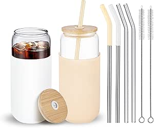 Amazon.com: WillCome 20oz Glass Cups with Lids and 3 Types of Straws ...