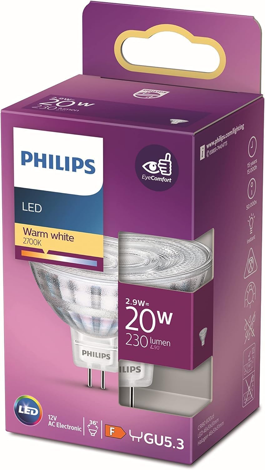Philips LED GU5.3 Bulb, 20 W, Reflector, Silver, 36° Rotation, Warm ...