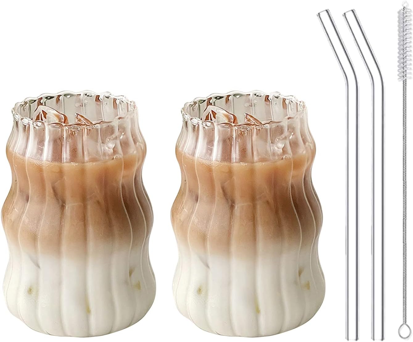 Amazon.com | 2 Pcs Ribbed Glassware Drinking Glasses with Straws, 18oz ...