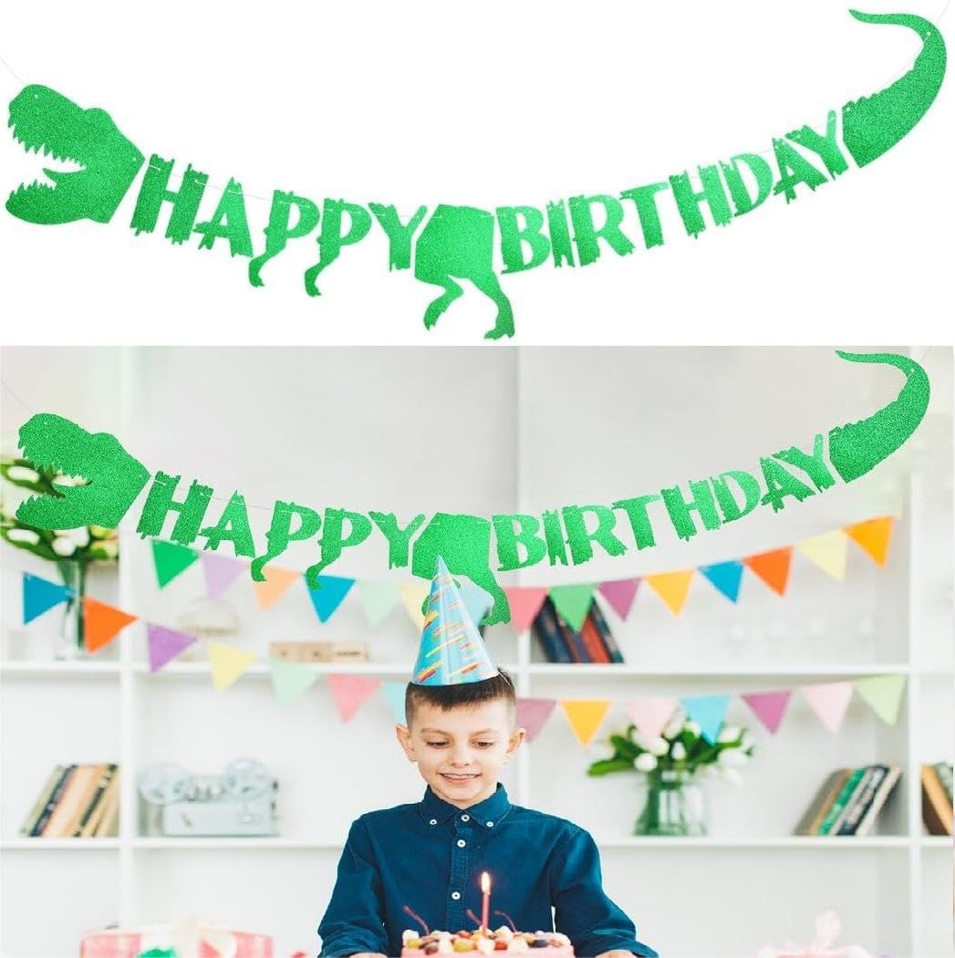 Amazon.com: Dinosaur Birthday Banner, Glitter Green Dinosaur Happy ...