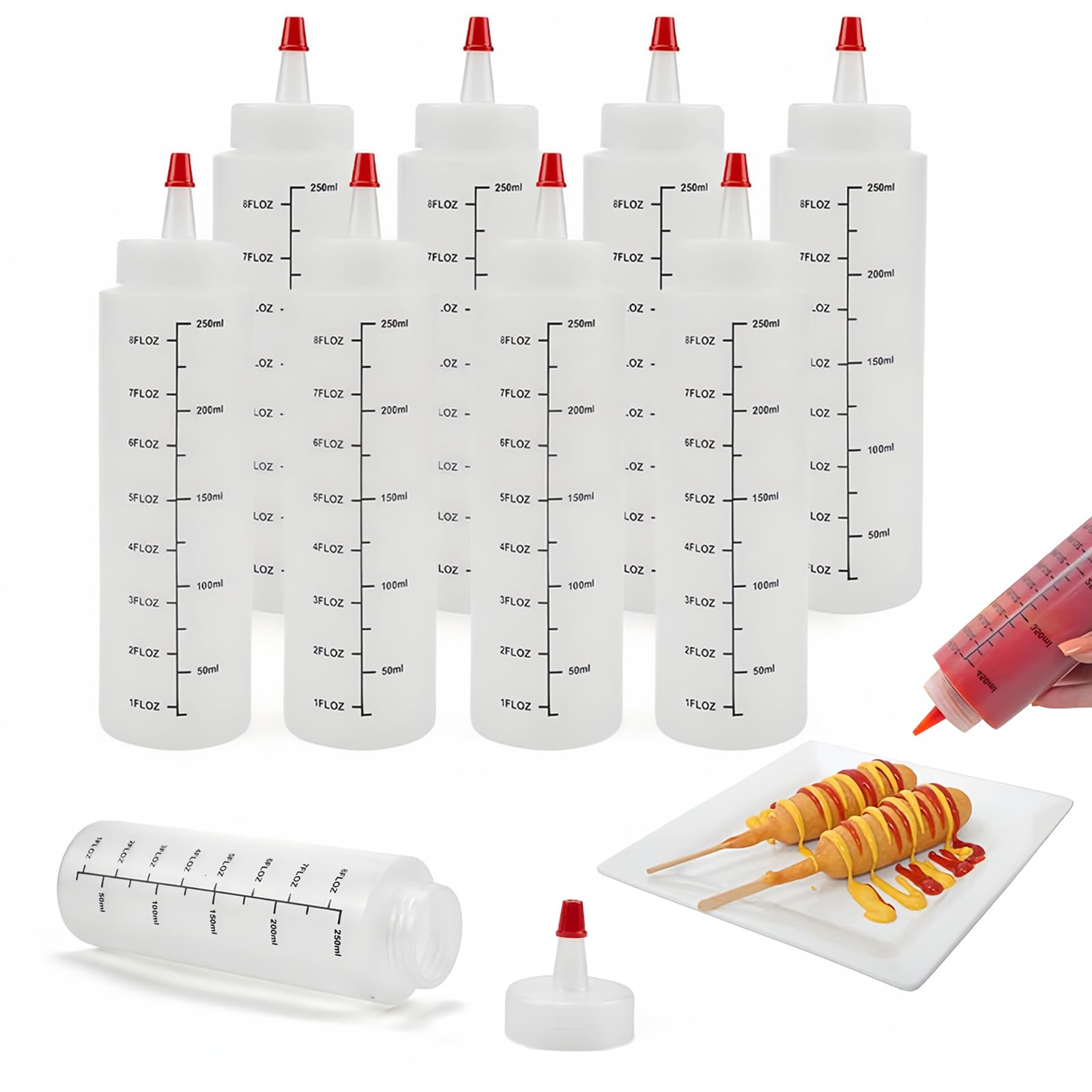 ROSNONG 10 Pcs Sauce Bottles with Red Caps, 250ml Squeezy Sauce Bottles ...