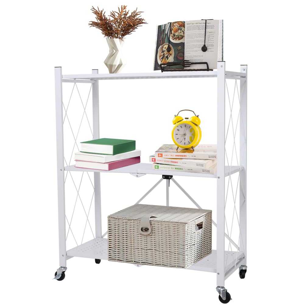 Amazon.com: Hershii Folding Storage Shelf on Wheels 3-Tier Collapsible ...