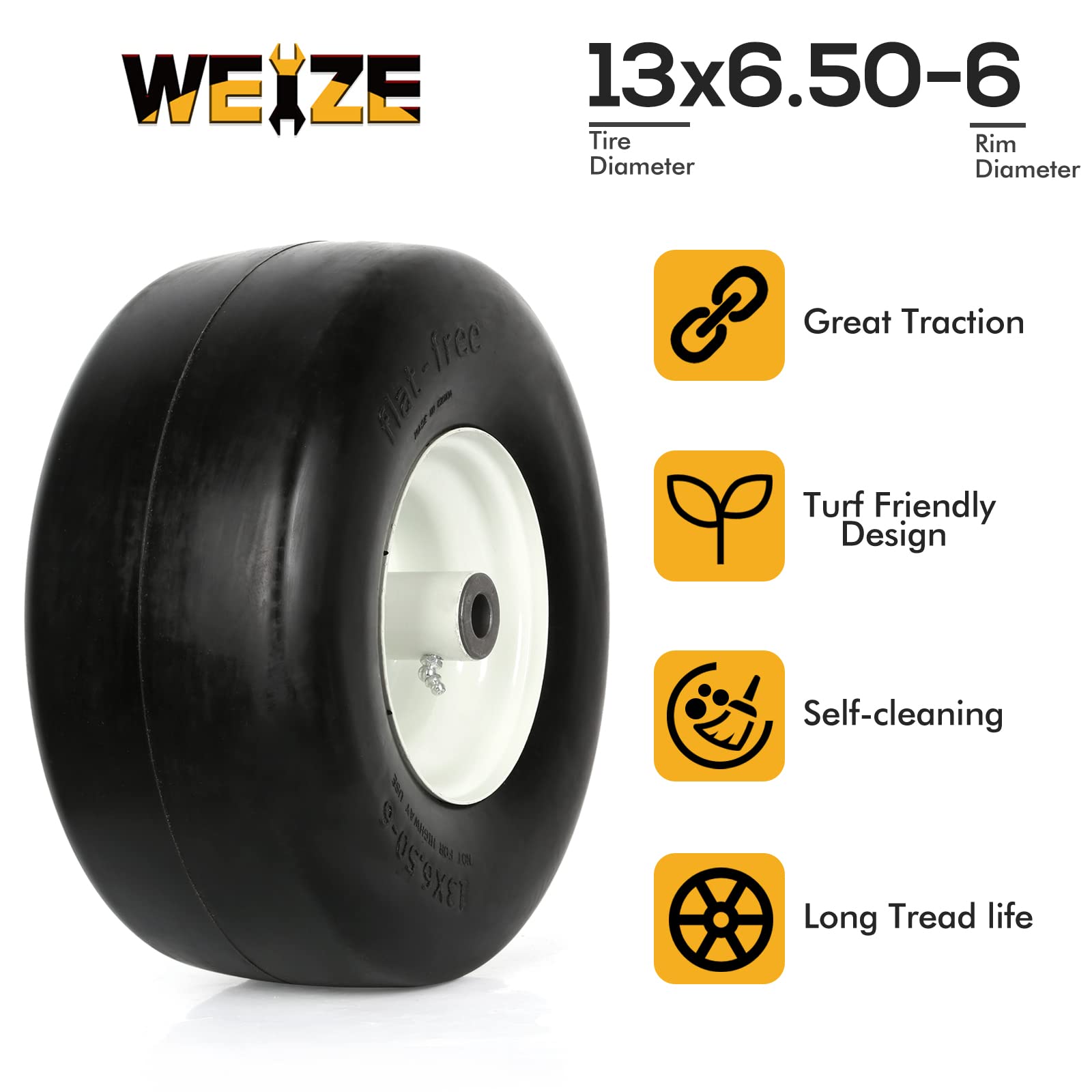 WEIZE 13x6.50-6 Flat Free Lawn Mower Tire with Rim (Fit Most Cub cadet ...