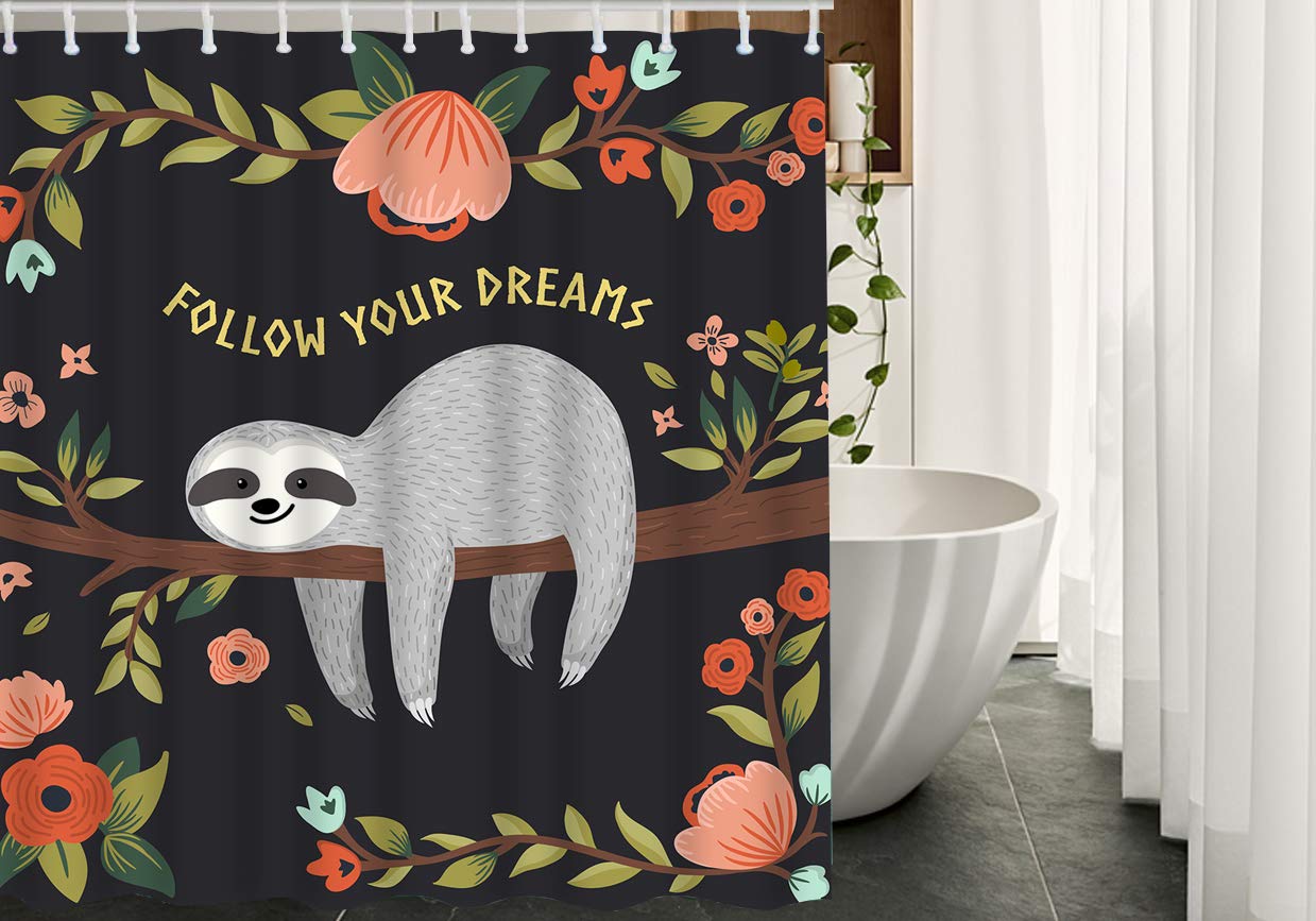 Moslion Sloth Shower Curtain Set Cute Animal Baby Sloth On Tree Branch ...
