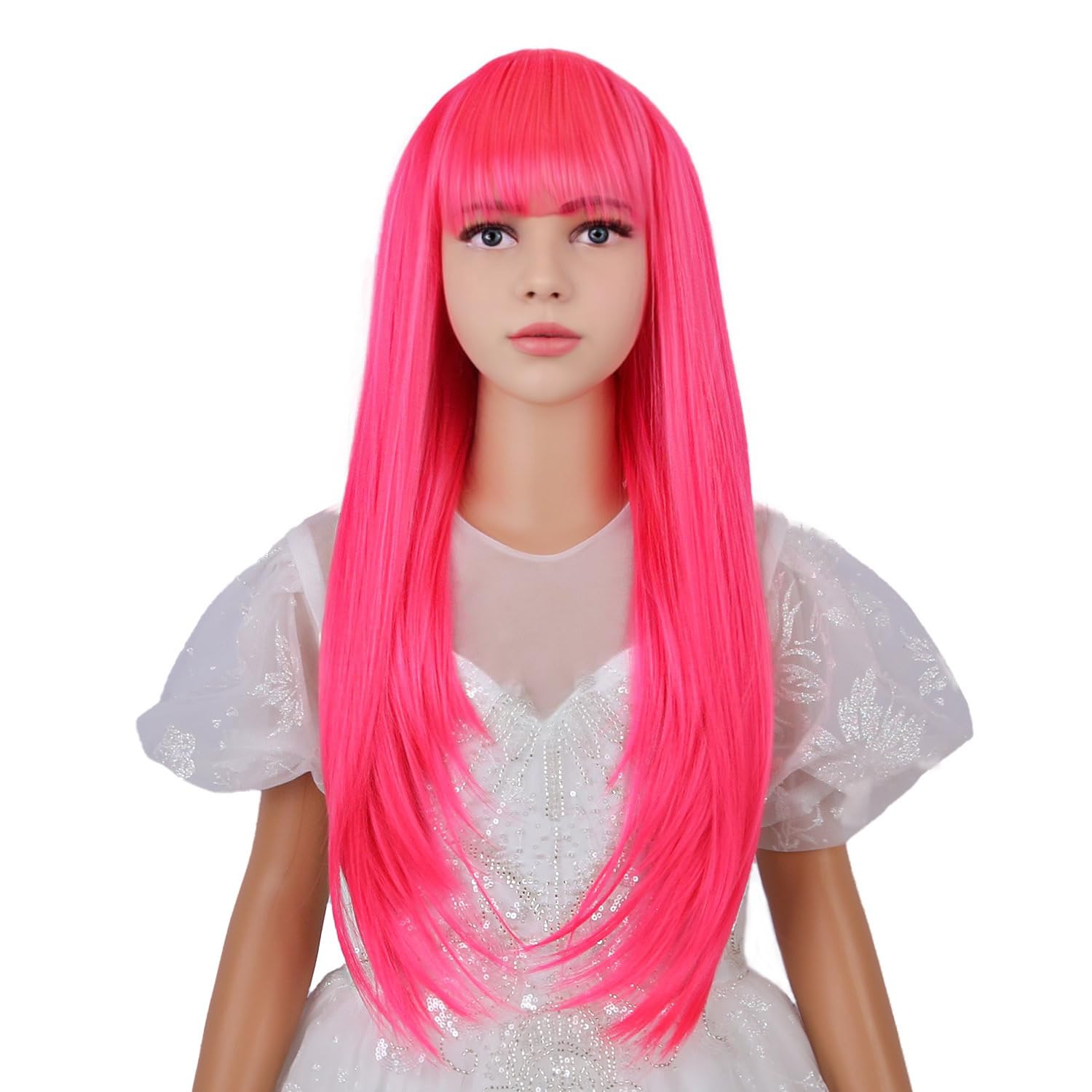 Amazon.com : WAVELNM Kids Neon Pink Wig Child Rose Red Long Straight ...