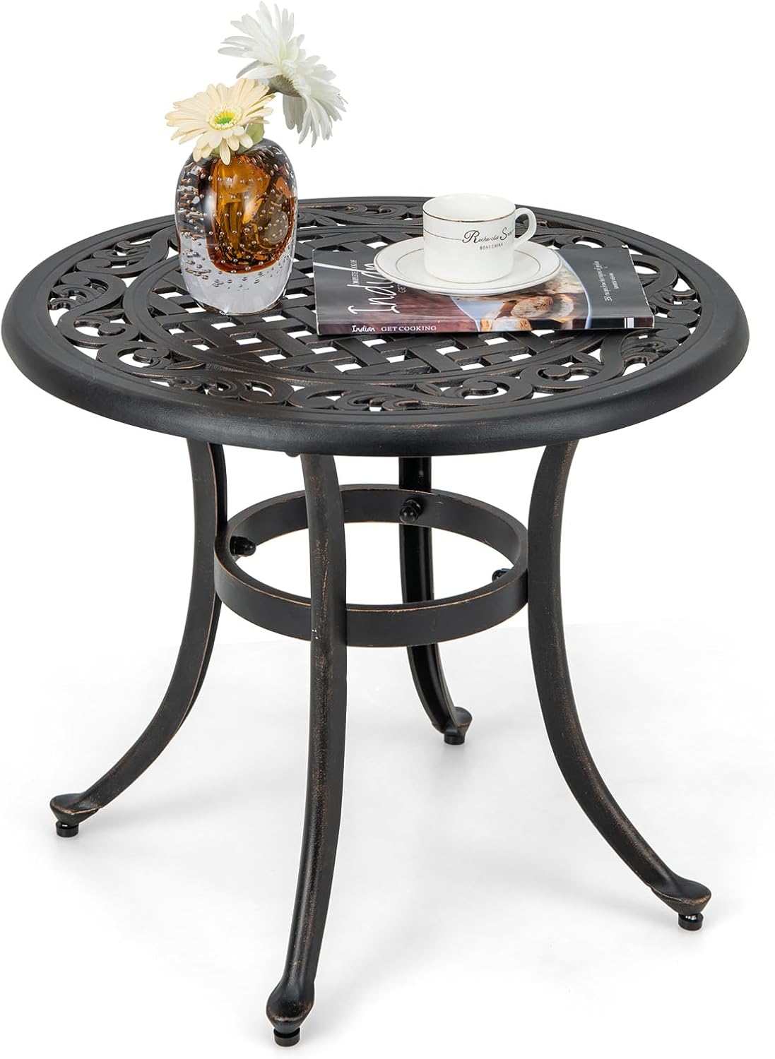 Costway Cast Aluminum Patio Table, 60 CM Outdoor Round Side Table, Anti ...