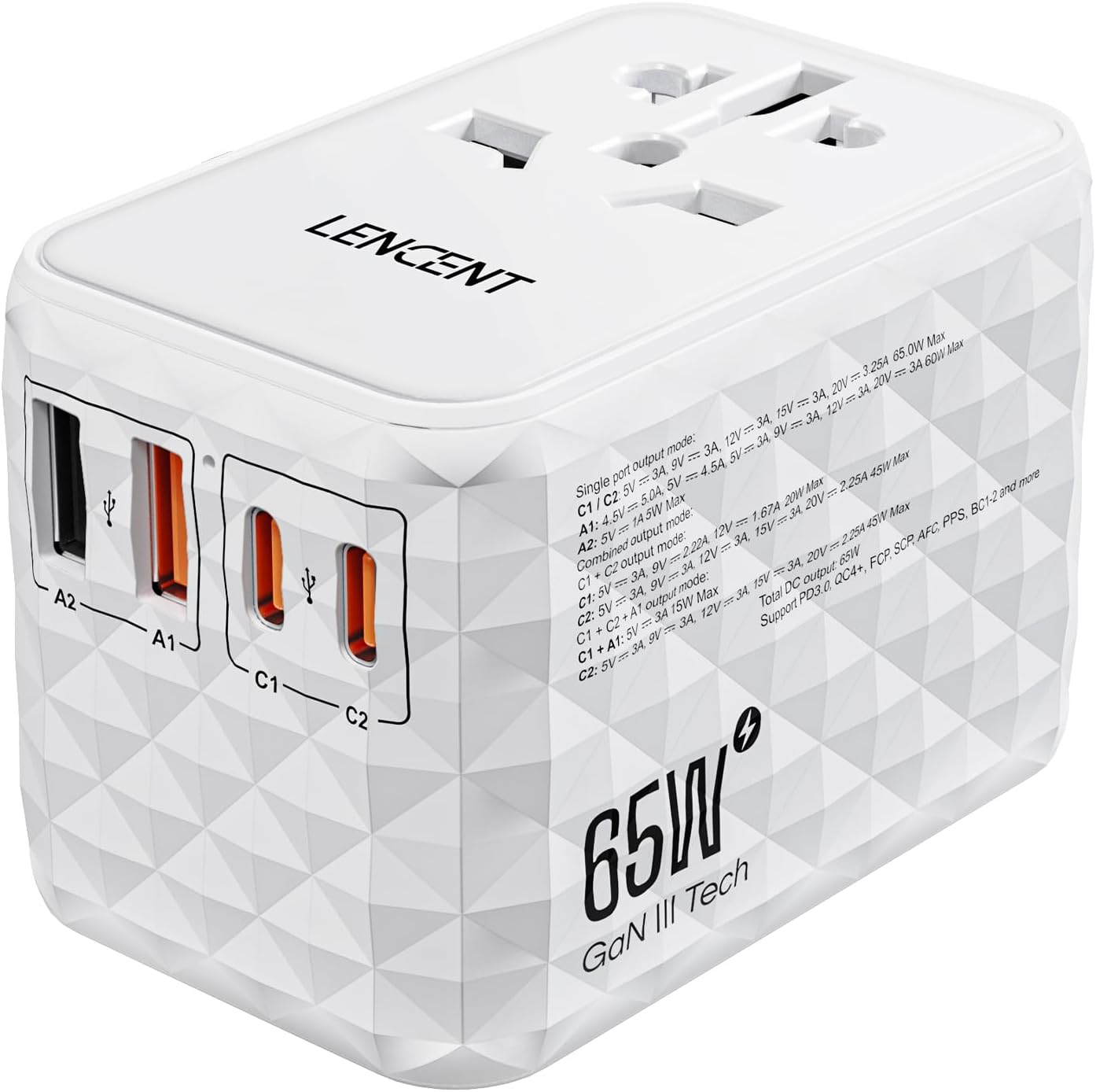 LENCENT 65W Universal Travel Adapter, Outlet Adapter with 2 USB-A & 2 ...