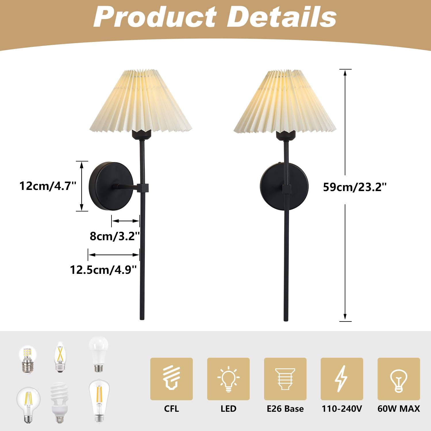 Snapklik.com : Lighting Long Black Wall Sconces Set Of Two Pleated ...
