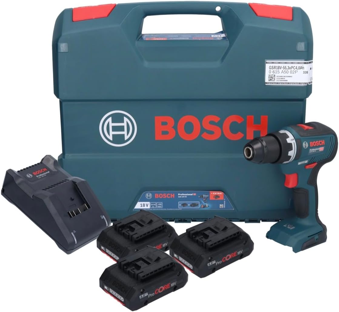 Bosch Professional 18V System GSR 18V-55 Akku-Bohrschrauber (inkl. 3x 4,0 Ah ProCORE Akku, GAL ...