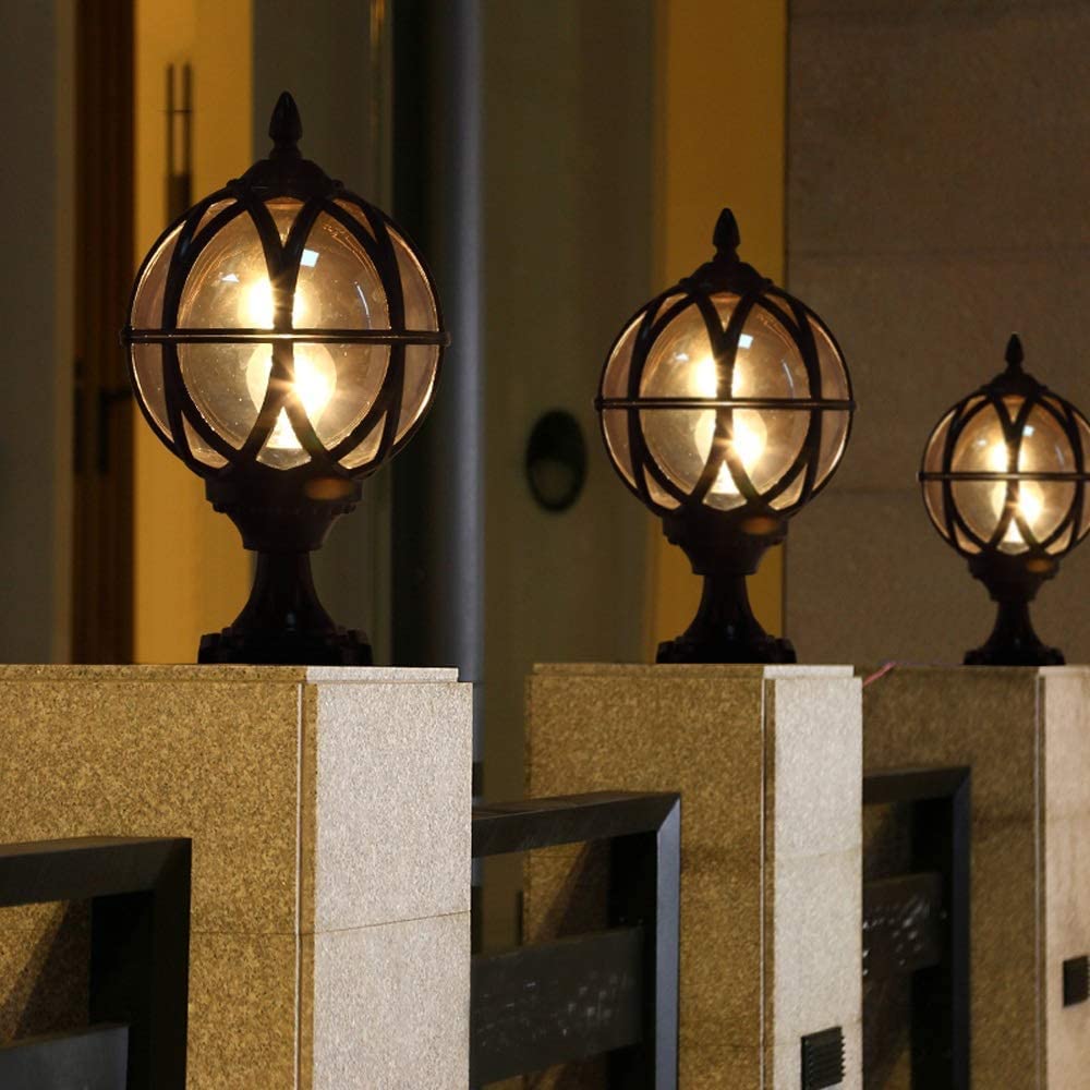 IBalody Outdoor Pillar Lights Retro Amber Glass Ball Post Light Fixture ...
