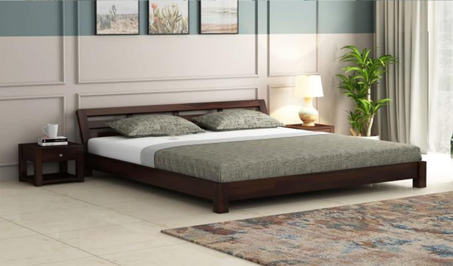 RJ ART Solid Sheesham Wood Low Height Queen Size Bed Without Storage ...