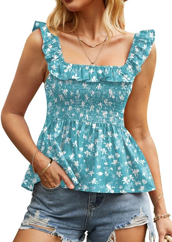 Clarisbelle Women's Smocked Ruffle Strap Tank Top Sleeveless Summer ...