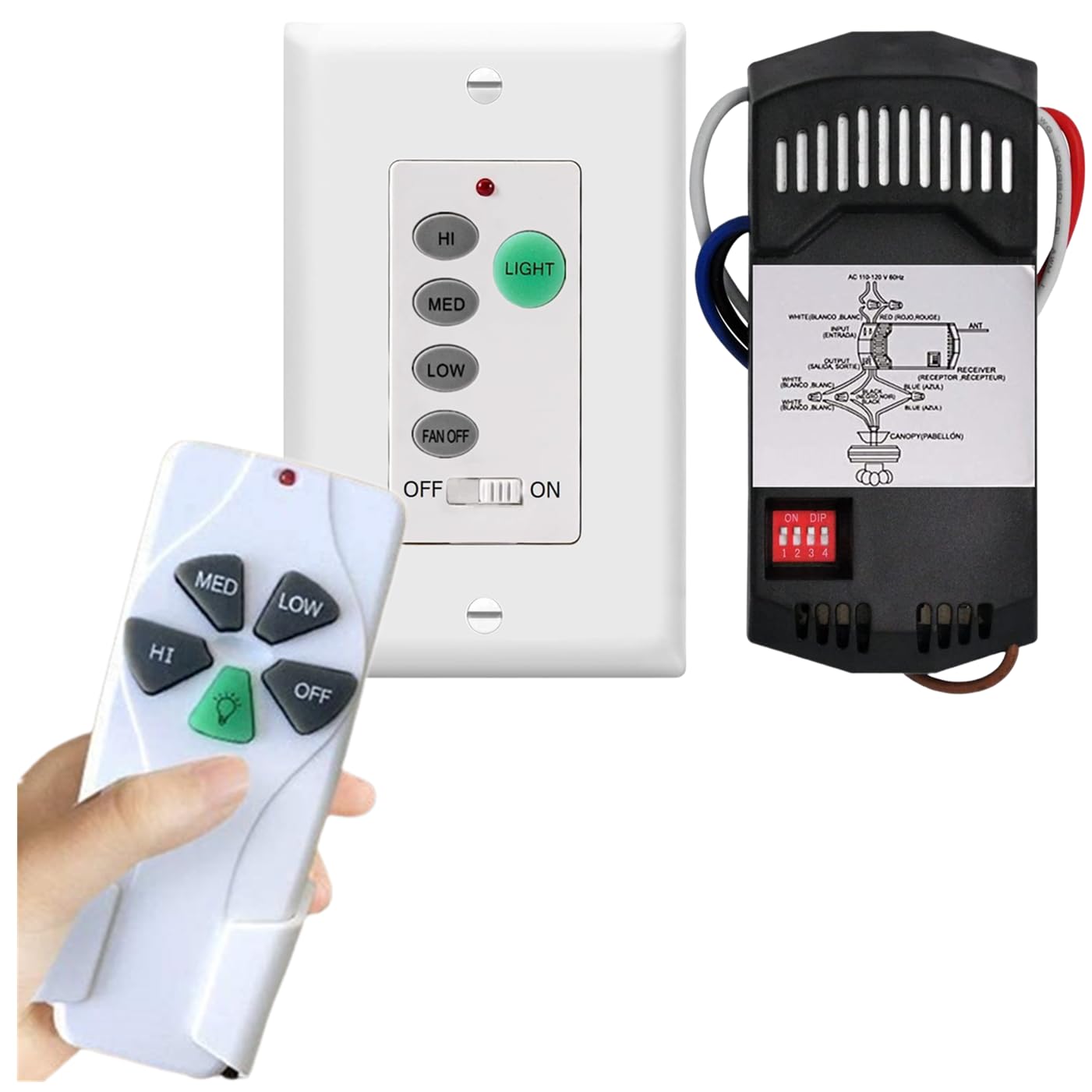 53T Universal Ceiling Fan Wall Remote Control, 3 Speed, Light Dimmer, 4 ...