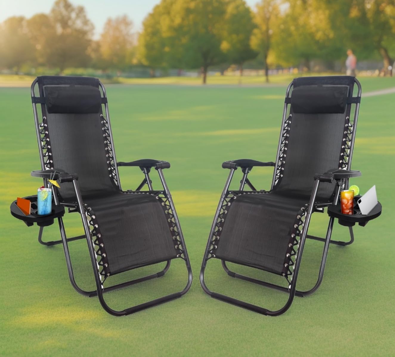Meown Zero Gravity Sun Loungers Set of 2 – Foldable Recliner Chairs with Cup Holder & Headrest ...