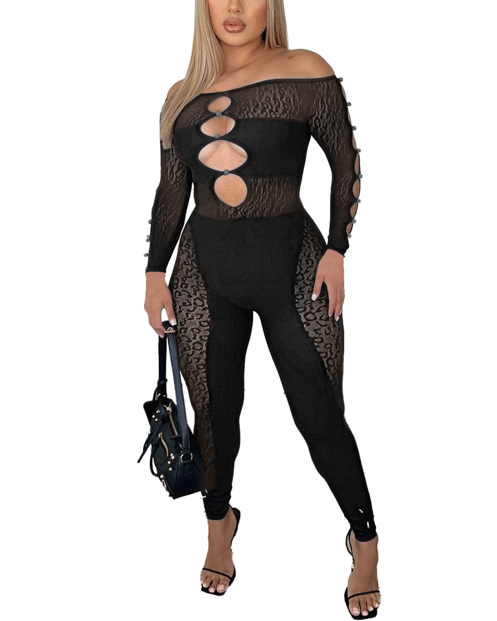 MOEENCN Mesh jumpsuit for Women Sexy Bodycon Off Shoulder Leopard Long ...