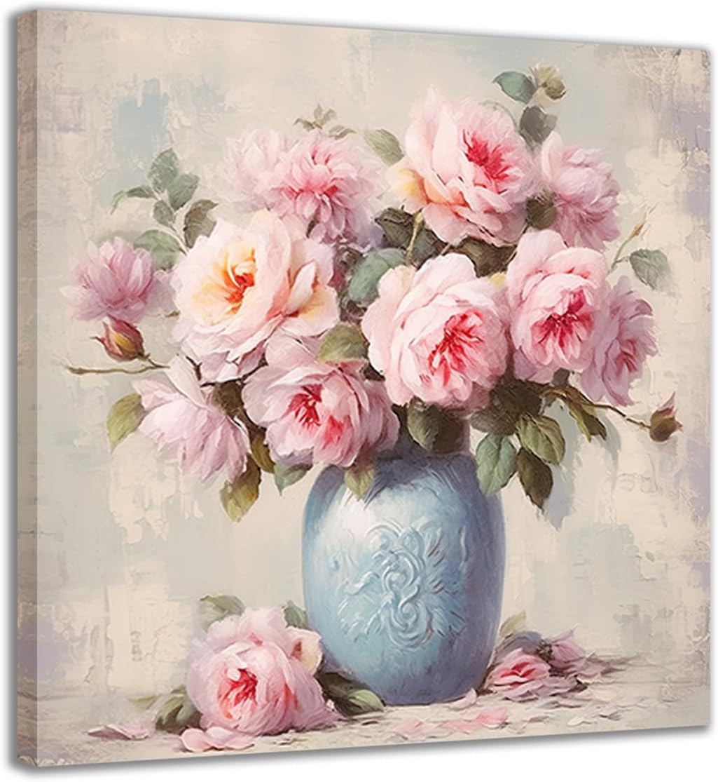 Amazon.com: Pink Flowers Canvas Wall Art, Beautiful Rose in Vase ...