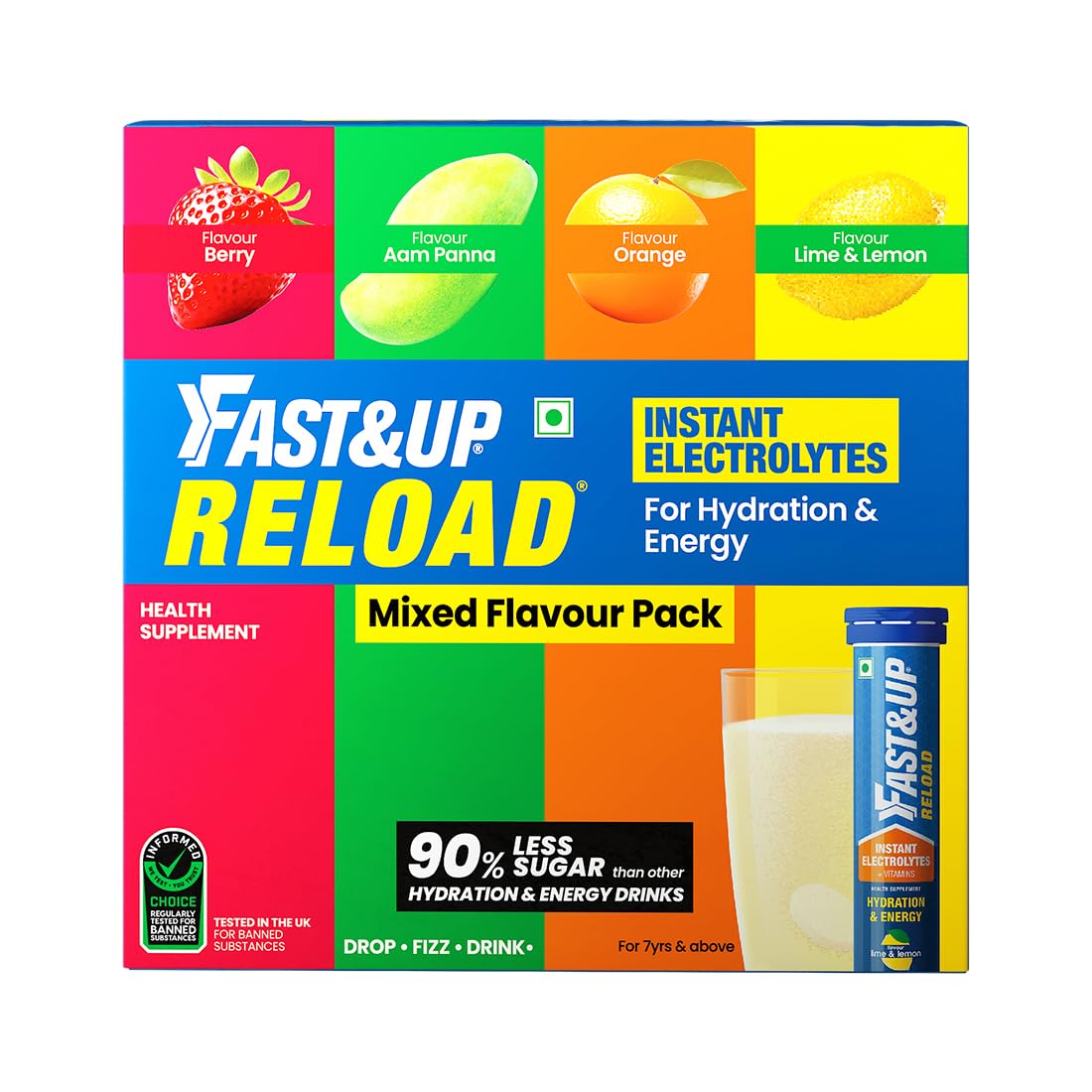 Fast&Up Reload (20 Liters) - (Berry, Aam Panna, Orange, Lime & Lemon)- Low Sugar energy drink ...