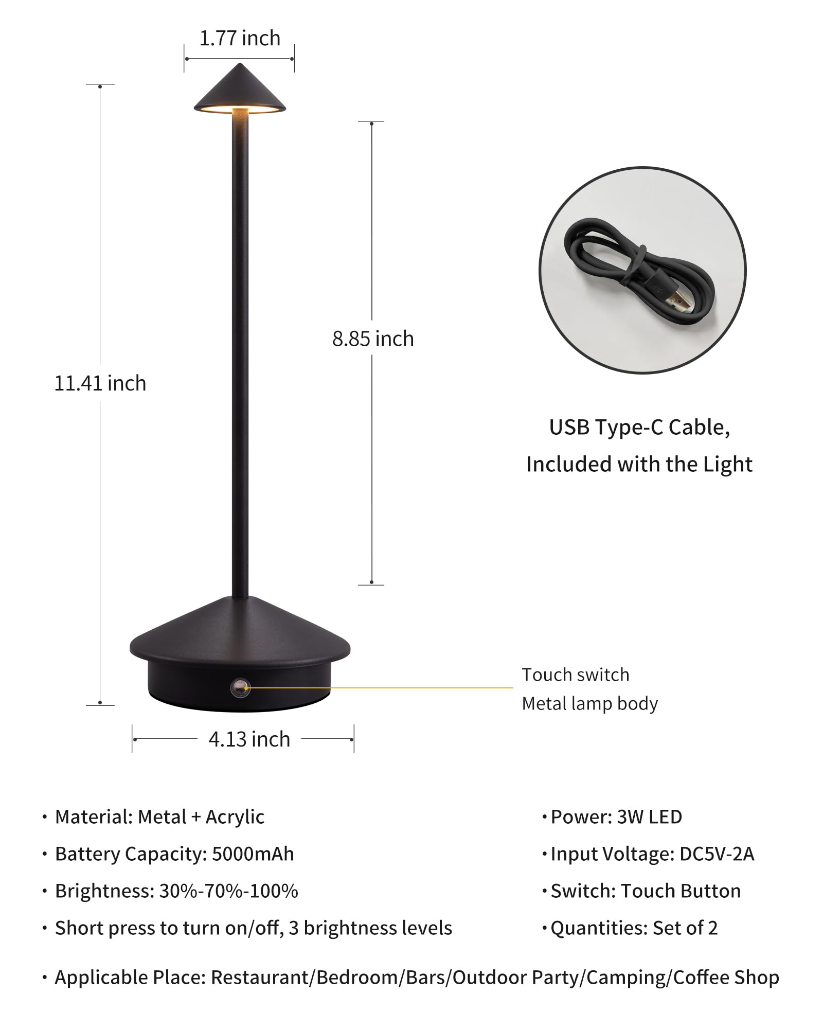 VISDANFO Modern Cordless Table Lamp Set of 2, Portable LED Desk Lamps ...