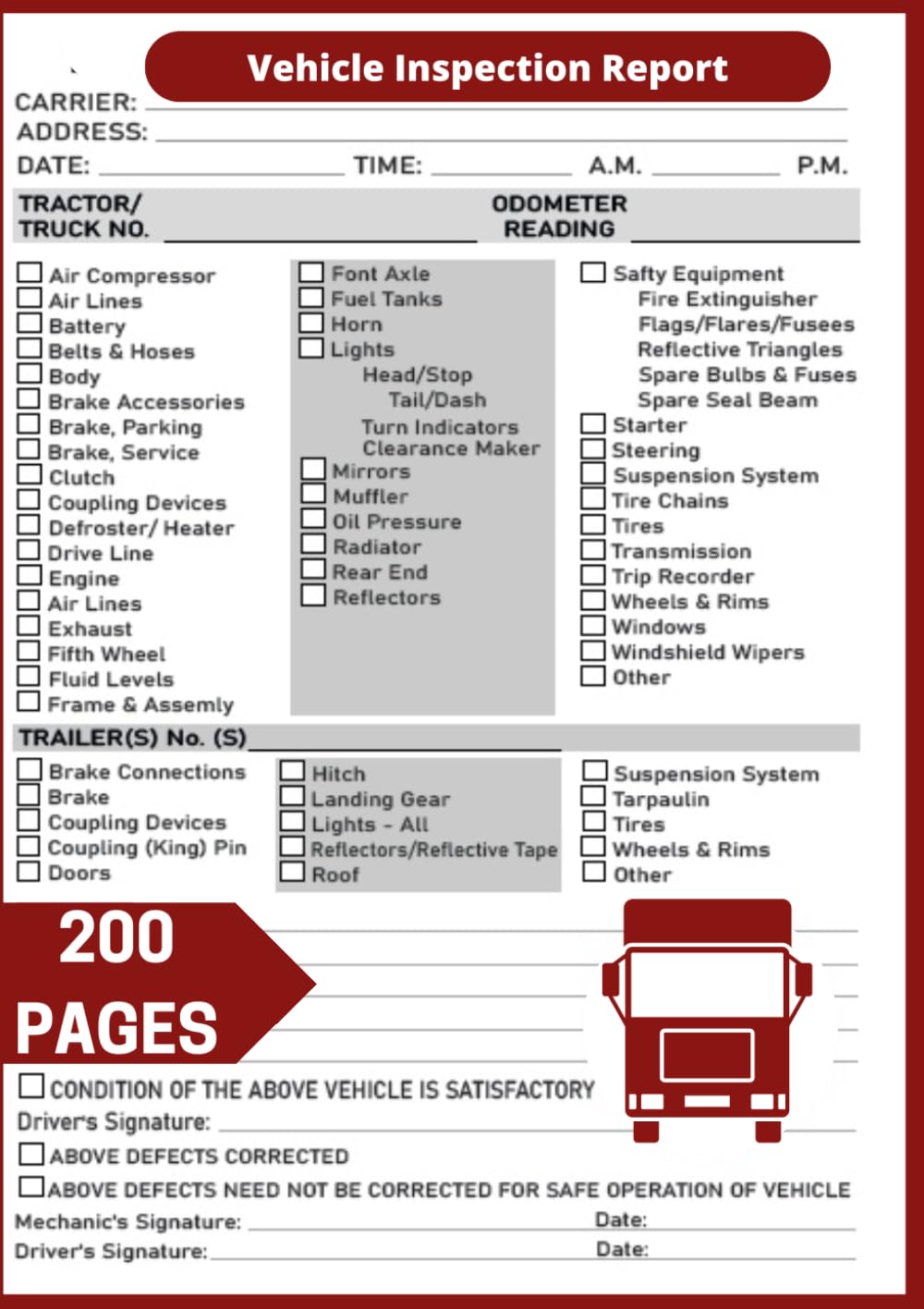 Driver Vehicle Inspection Report Book: Daily Pre-Trip Inspection ...