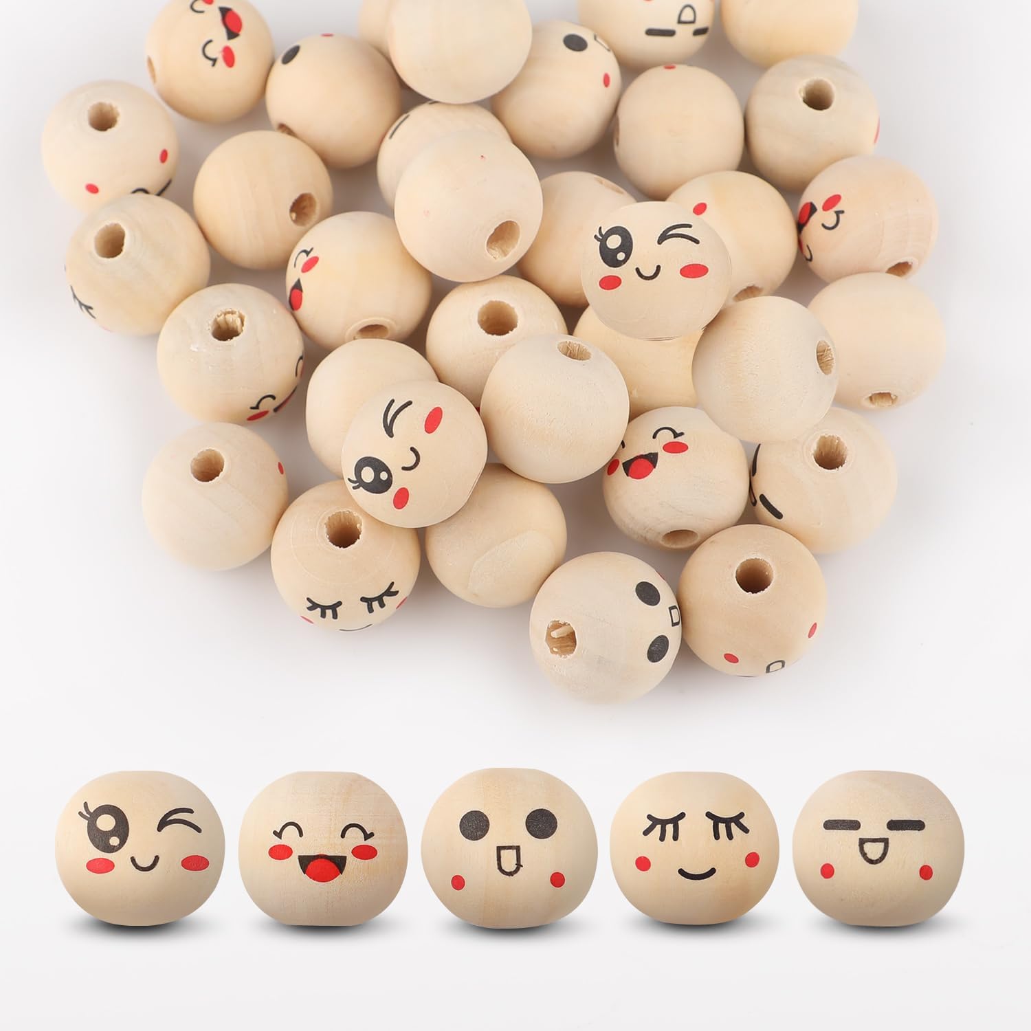 Amazon.com: COHEALI 100pcs Wooden Beads with Face: 20mm Round Smiling ...
