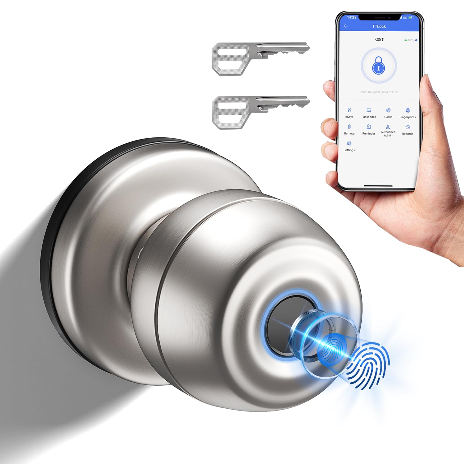 EUERTE Smart Door Knob,Fingerprint Door Knob,Biometric Smart Door Lock ...