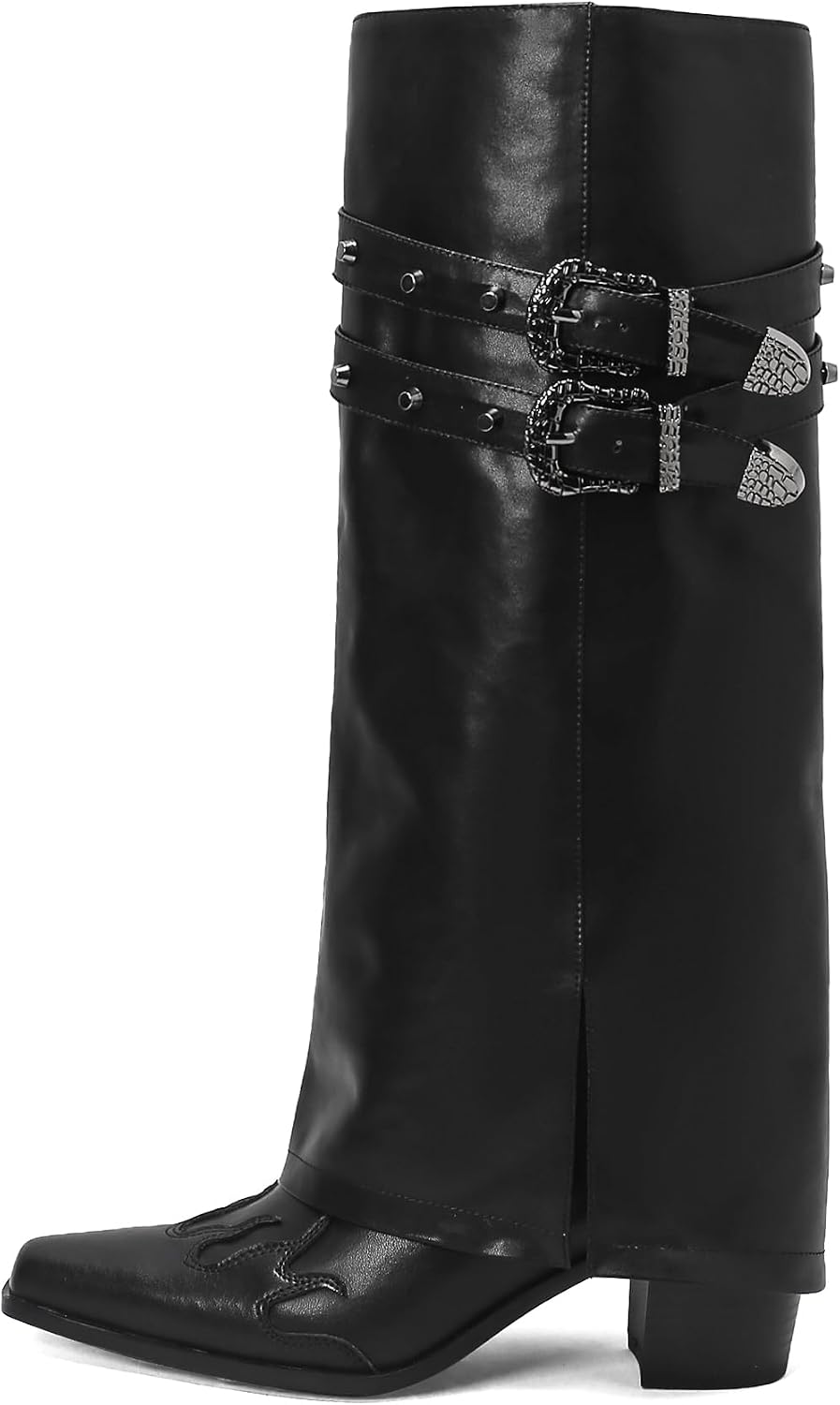 Amazon.com | JANSEVEN Black Fold Over Boots for Women Overlay Knee High ...