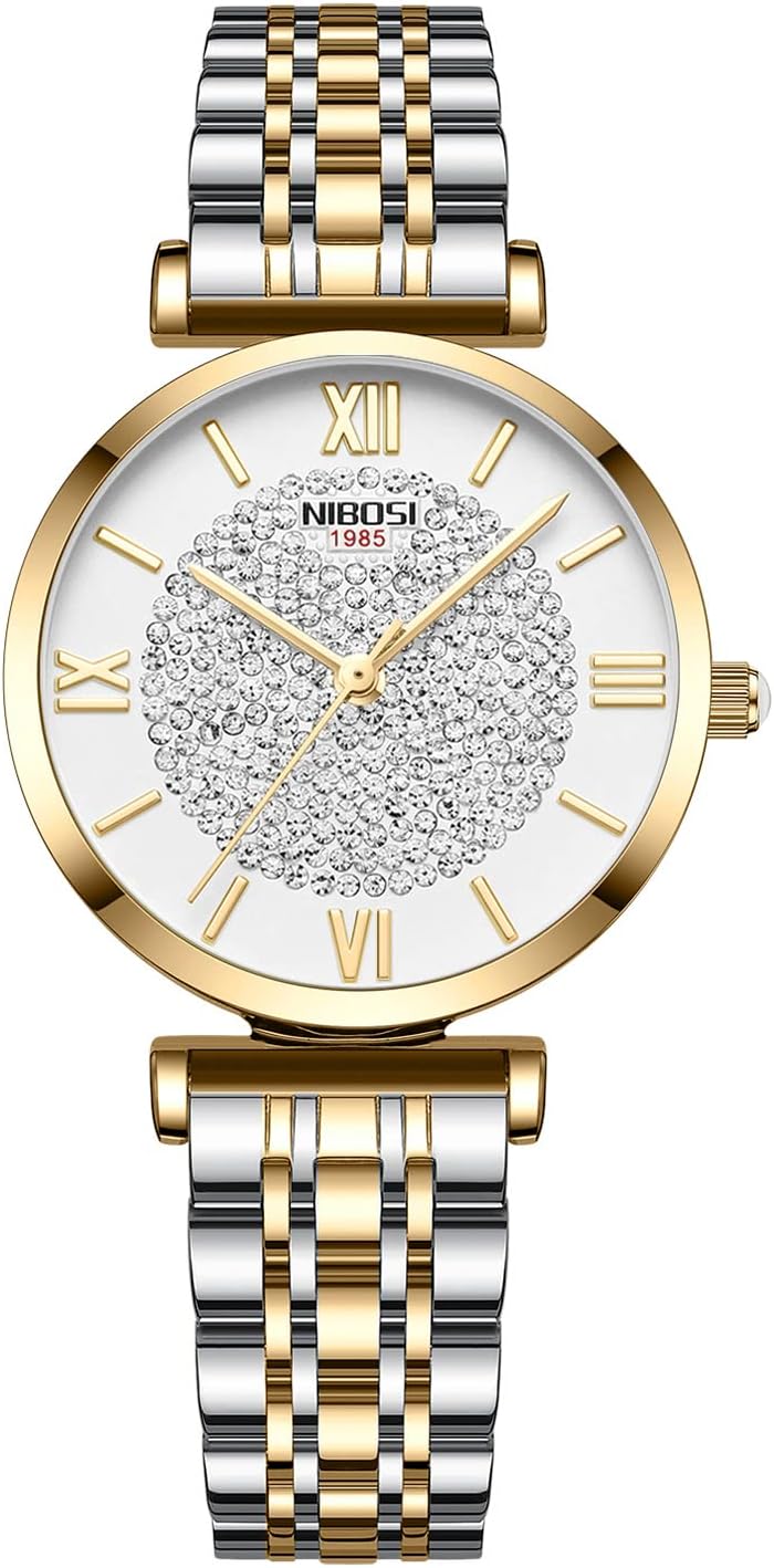 NIBOSI Women Watches Analogue White Dial Gold Silver Band Stainless ...